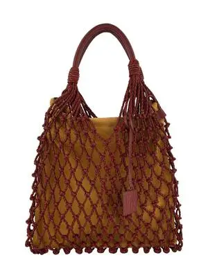 PAULA Big Marble Coffee Bean Leather Macramé Maxi Tote Brown