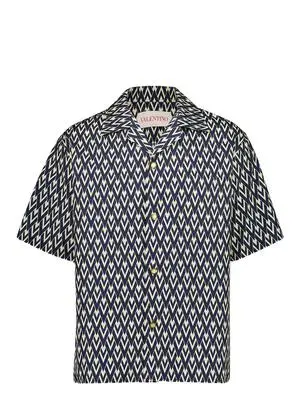Valentino Garavani Navy Toute La V Cotton Popeline Bowling Shirt - Blue