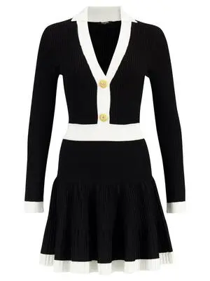Balmain V-neck Knit Viscose Mini Flare Dress - Black