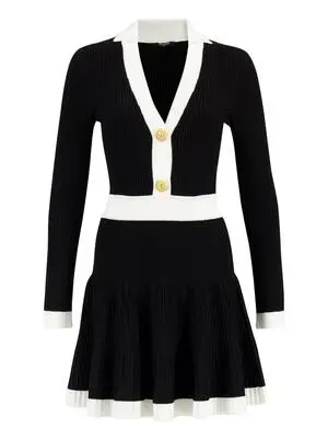Balmain V-neck Knit Viscose Mini Flare Dress - Black