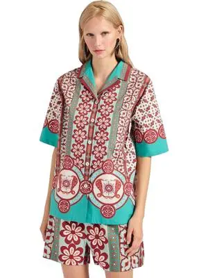 La DoubleJ Pagoda Placée Cotton Poplin Bowling Shirt - Blue