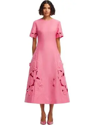 LEO LIN Caroline Appliqué Short Sleeve Midi Dress - Fuchsia
