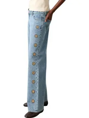 Mango Embroidered Straight Leg Nonstretch Jeans - Medium Blue