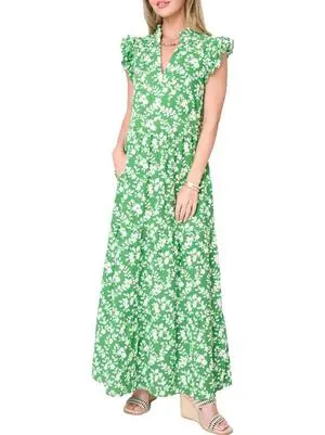GIBSONLOOK Floral Print Flutter Sleeve Maxi Dress - Green Trellis