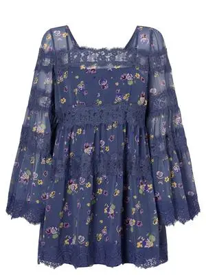 Anna Sui Pleated Floral-print Mini Dress - Blue