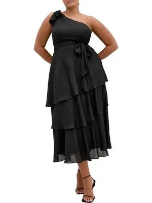 City Chic Metallic One-shoulder Tiered Dress - Black/silver