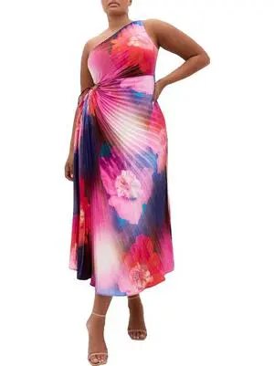 City Chic Floral Print One-shoulder Pleated Dress - Floral Firework
