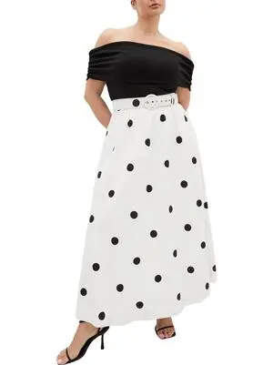 City Chic Anita Mixed Media Off-the-shoulder Maxi Dress - Black Polka