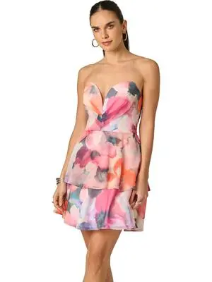 Adrianna Papell Watercolor Floral Chiffon Mini Dress - Pink/orange Multi