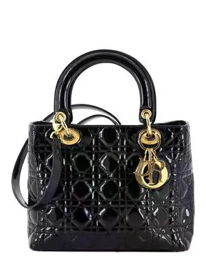 Dior Lady Bag Cannage Quilt Patent Medium Tote Bag - Black
