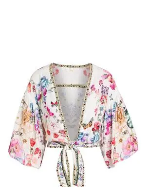 Camilla Cropped Crystal-embellished Printed Linen Top - Multicolor