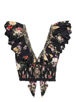 Camilla Cropped Ruffled Floral-print Cotton-poplin Top - Black