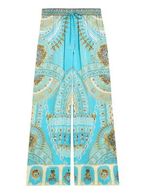 Camilla Crystal-embellished Printed Silk-satin Wide-leg Pants - Turquoise