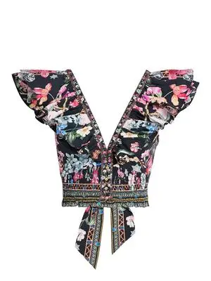 Camilla Cropped Floral-print Cotton-poplin Top - Black