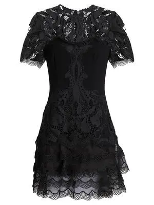 Simkhai Paislee Tiered Guipure Lace, Crepe, And Organza Mini Dress - Black
