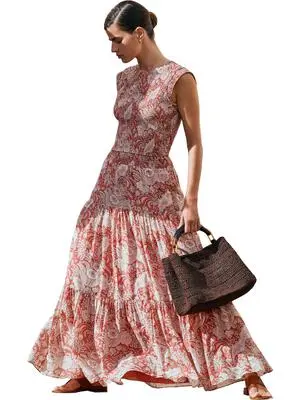 ME+EM Silk Cotton Botanical Print Full Length Skirt - Pink Multi