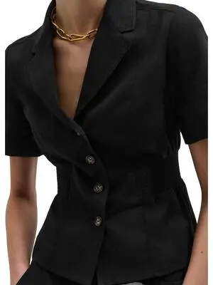 ME+EM Crease-less Linen Top With Shirred Waist - Black