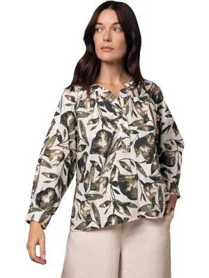 CELTIC & CO. Relaxed Cotton Printed V-neck Blouse - Chalk/khaki Leaf