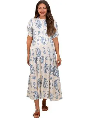 PINKBLUSH Paisley Button-Up Tiered Maxi Dress Blue