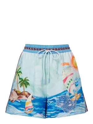 ALEMAIS Printed Linen Shorts - Blue