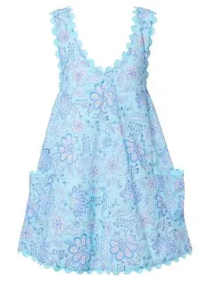 JULIET DUNN Floral Scalloped Cotton Minidress - Blue