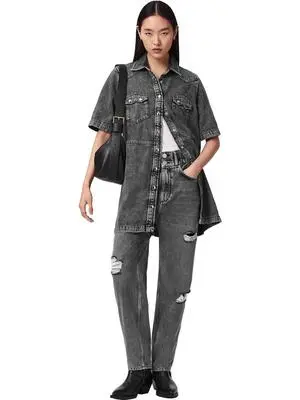 ALLSAINTS Daisy Tapered Leg Distressed Denim Jeans - Grey
