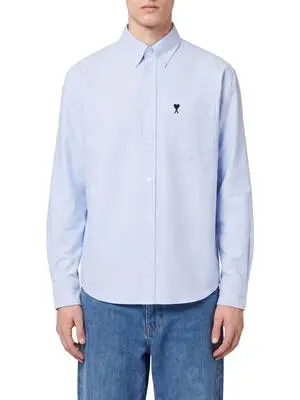 AMI Paris Relaxed Fit Cotton Shirt With Button-down Collar And Embroidered Logo - Gnawed Blue