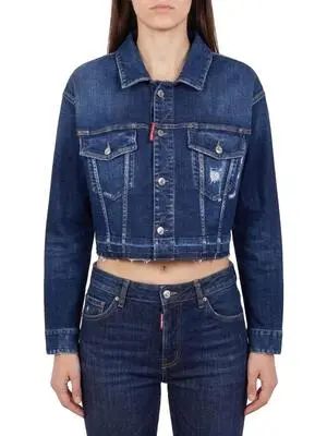 Dsquared2 Cropped Denim Jacket With Classic Collar And Drop Shoulder - Blue