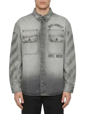 Off-White Cotton Denim Shirt With Logo Print - Grey
