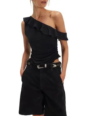 Free People Isla Ruffle One-shoulder Crop Top - Black