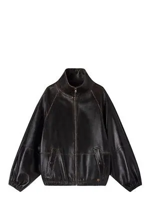 Sandro Distressed Funnel-neck Leather Jacket - Brown