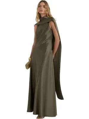 REISS Satin Cape Maxi Dress Khaki Green