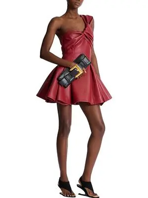 Balmain Smooth Leather One-Shoulder Dress Red