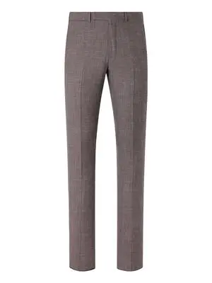 Zegna Prince Of Wales Checked Wool, Silk, And Linen-blend Suit Trousers - Brown
