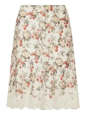 DÔEN DÔEN Elowette Floral-Print Silk-Satin Midi Skirt With Lace Trim Multi