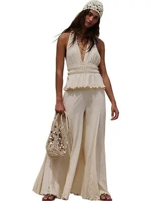 Free People Breezy Halter Top And Wide-leg Pant Set - Tea