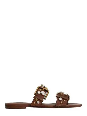 Dolce & Gabbana Embellished Leather Flat Slides - Brown