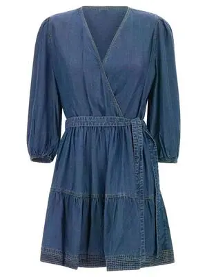 BOSS Balloon Sleeve Wrap Dress With Contrast Stitching - Blue