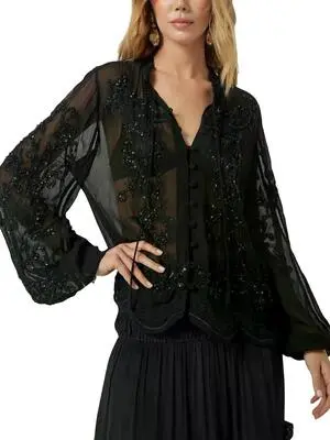 SCARLETT POPPIES Beaded Buttoned Blouse - Black