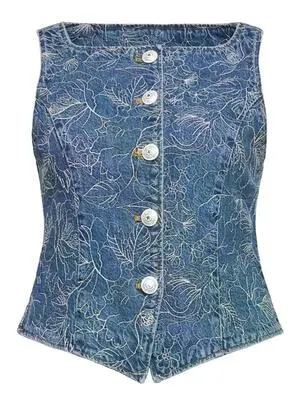 Cinq À Sept Floral Denim Vest - Blue