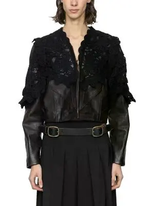 Sea Crochet-overlay Leather Jacket - Brown