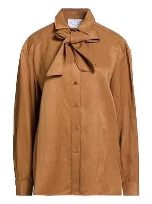KAOS Viscose And Linen Blend Shirt With Bow Detail - Camel