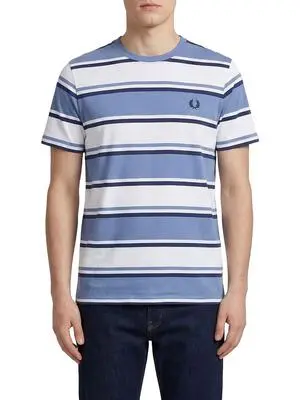 Fred Perry Striped Cotton T-shirt With Logo - Blue