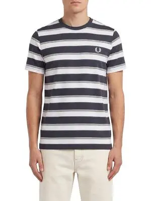 Fred Perry Striped Cotton T-shirt With Logo - Grey