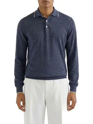 Brunello Cucinelli Cashmere Silk And Hemp Knit Polo Shirt - Blue