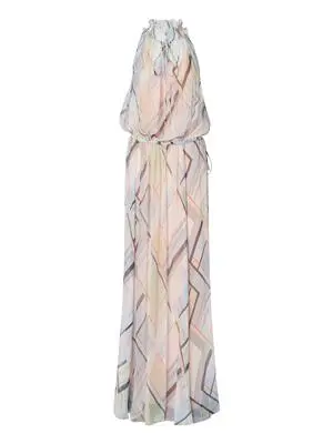 Fendi Printed Maxi Stripes Silk Crepon Chiffon Long Dress - Multicolour