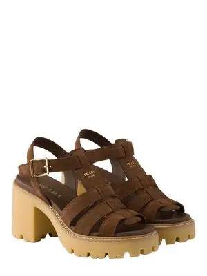 Prada High-heeled Suede Platform Sandals - Brown