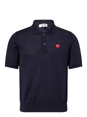 Play Comme Des Garcon Embroidered-logo Wool-knit Polo Shirt - Navy