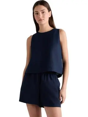 Quince 100% European Linen Cropped Tank - Deep Navy