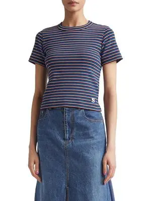Sacai Stripe Rib Cotton T-shirt - Blue